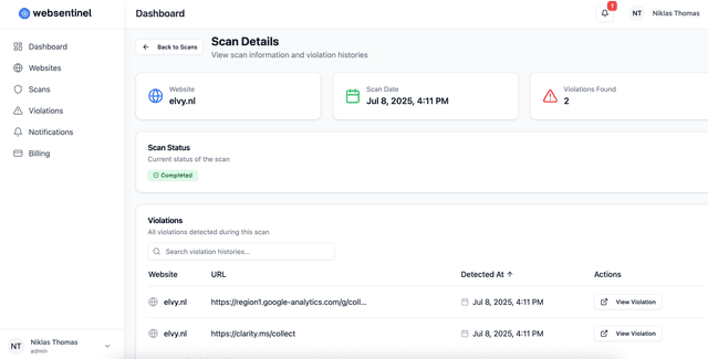 Websentinel - Automated GDPR Compliance Monitoring